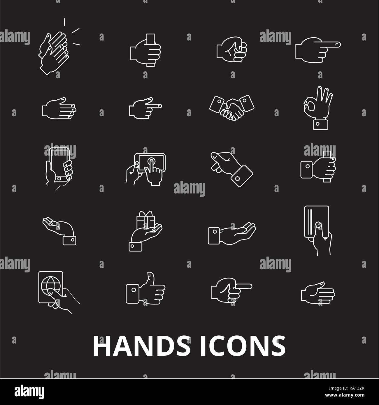 Hands editable line icons vector set on black background. Hands white ...