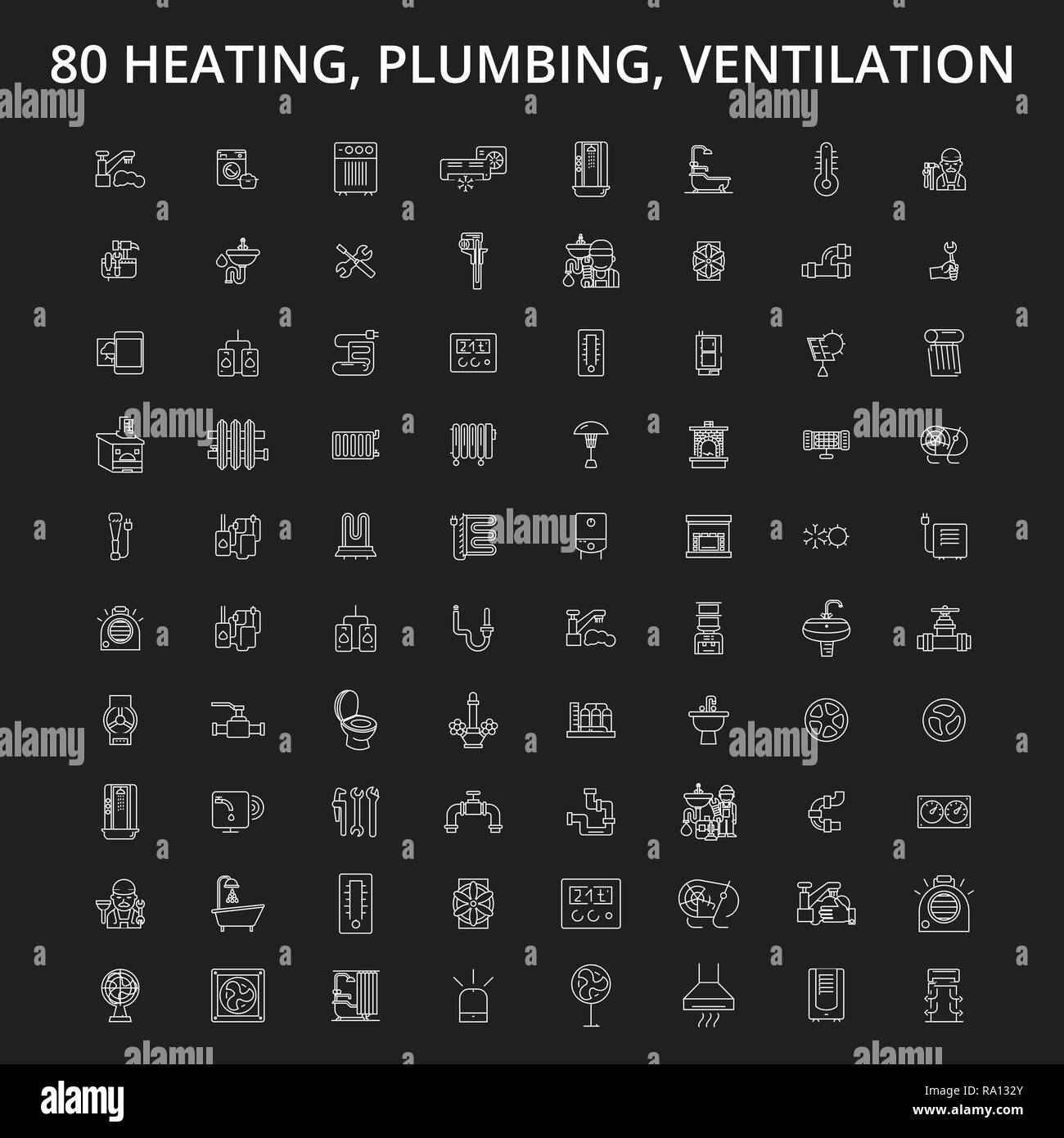 Heating, plumbing, ventilation editable line icons vector set on black ... Heating, plumbing, ventilation editable line icons vector set on black ...
