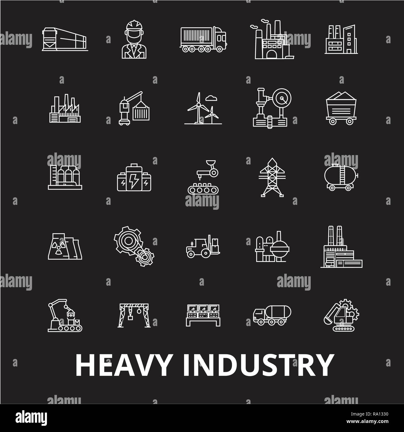 Heavy industry editable line icons vector set on black background ...