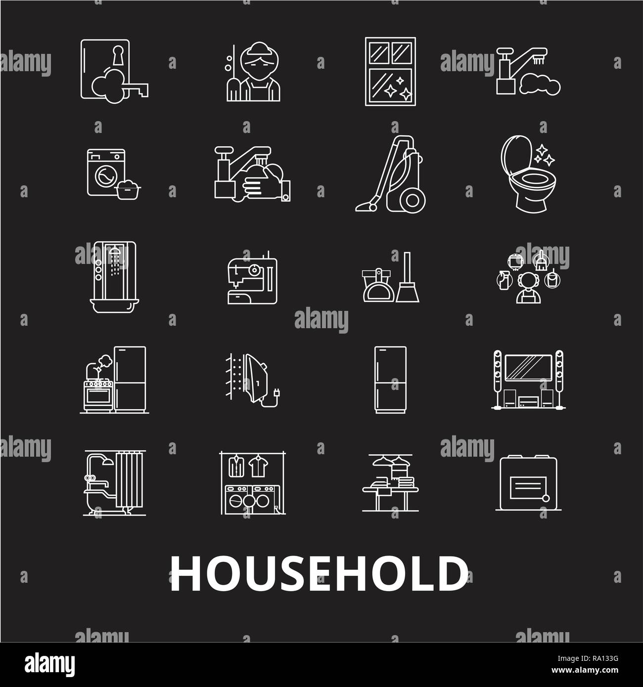 Household editable line icons vector set on black background. Household ...