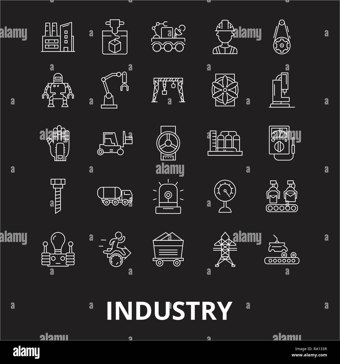 Industry editable line icons vector set on black background. Industry ...