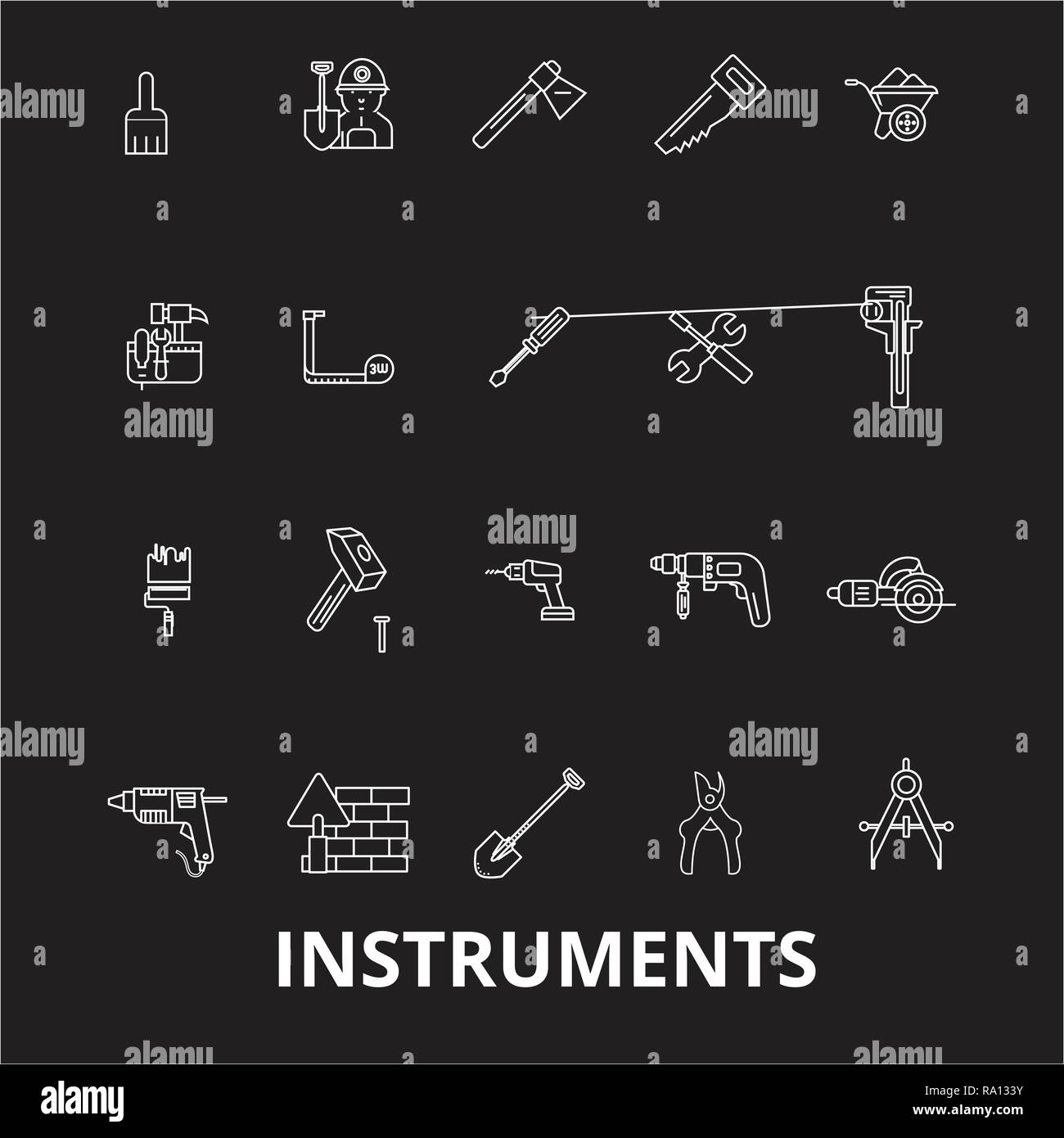 Instruments editable line icons vector set on black background ...