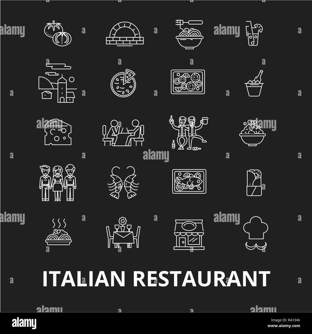 Italian restaurant editable line icons vector set on black background ...