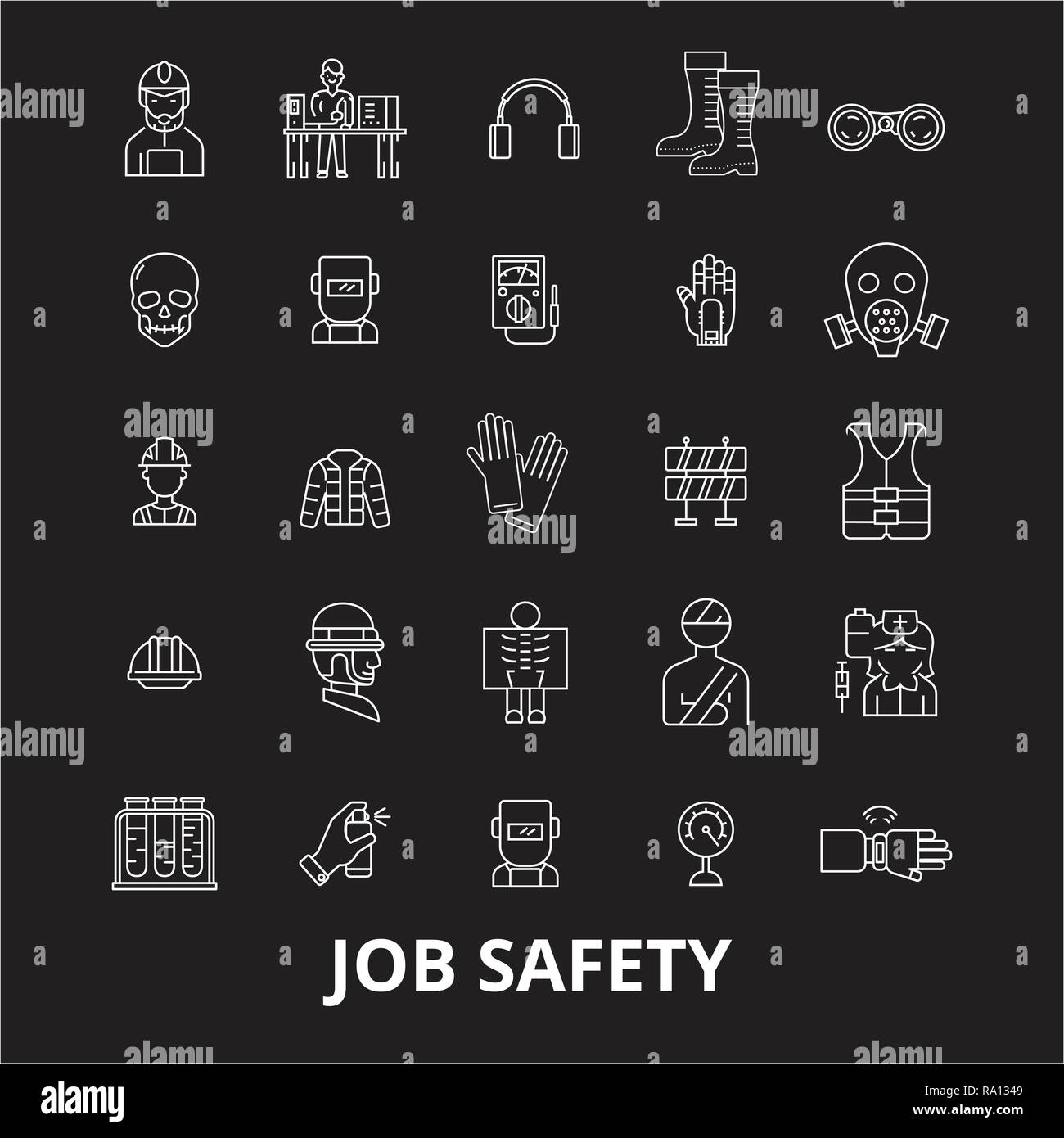 Job Safety Editable Line Icons Vector Set On Black Background Job Safety White Outline