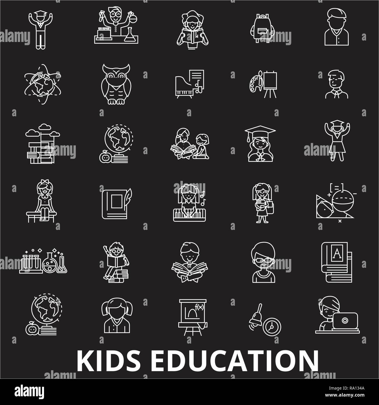 Kids education editable line icons vector set on black background. Kids ...