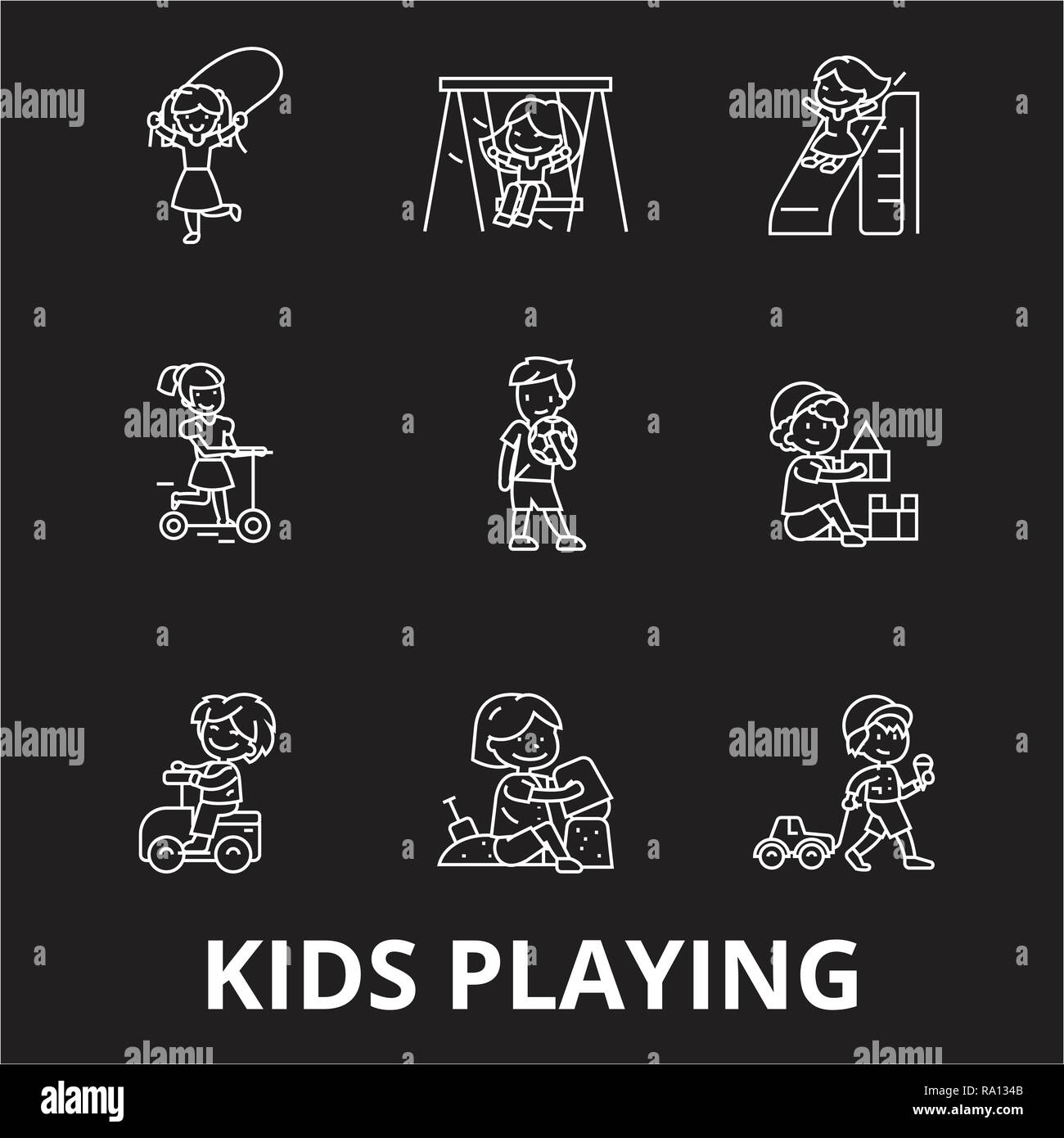 Kids playing editable line icons vector set on black background. Kids ...