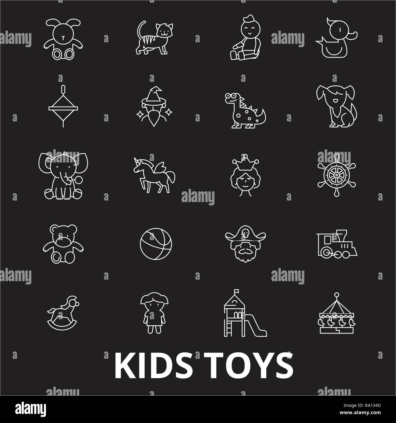 Kids toys editable line icons vector set on black background. Kids toys ...