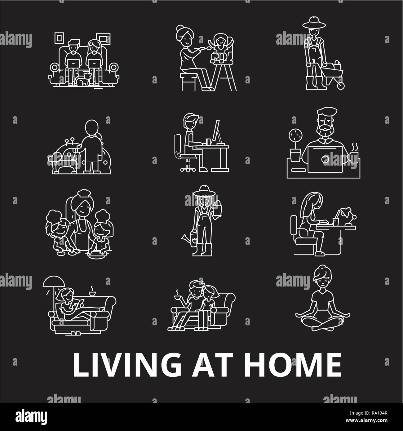 Living at home editable line icons vector set on black background ...