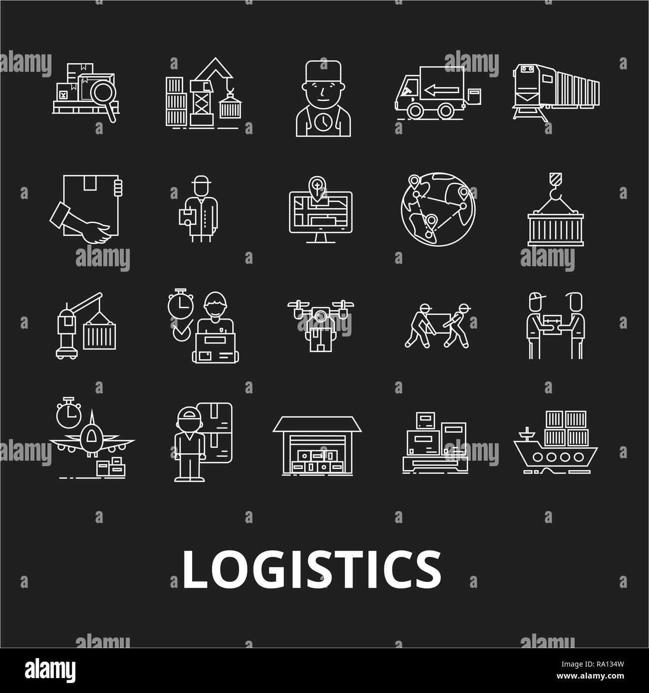 Logistics editable line icons vector set on black background. Logistics ...
