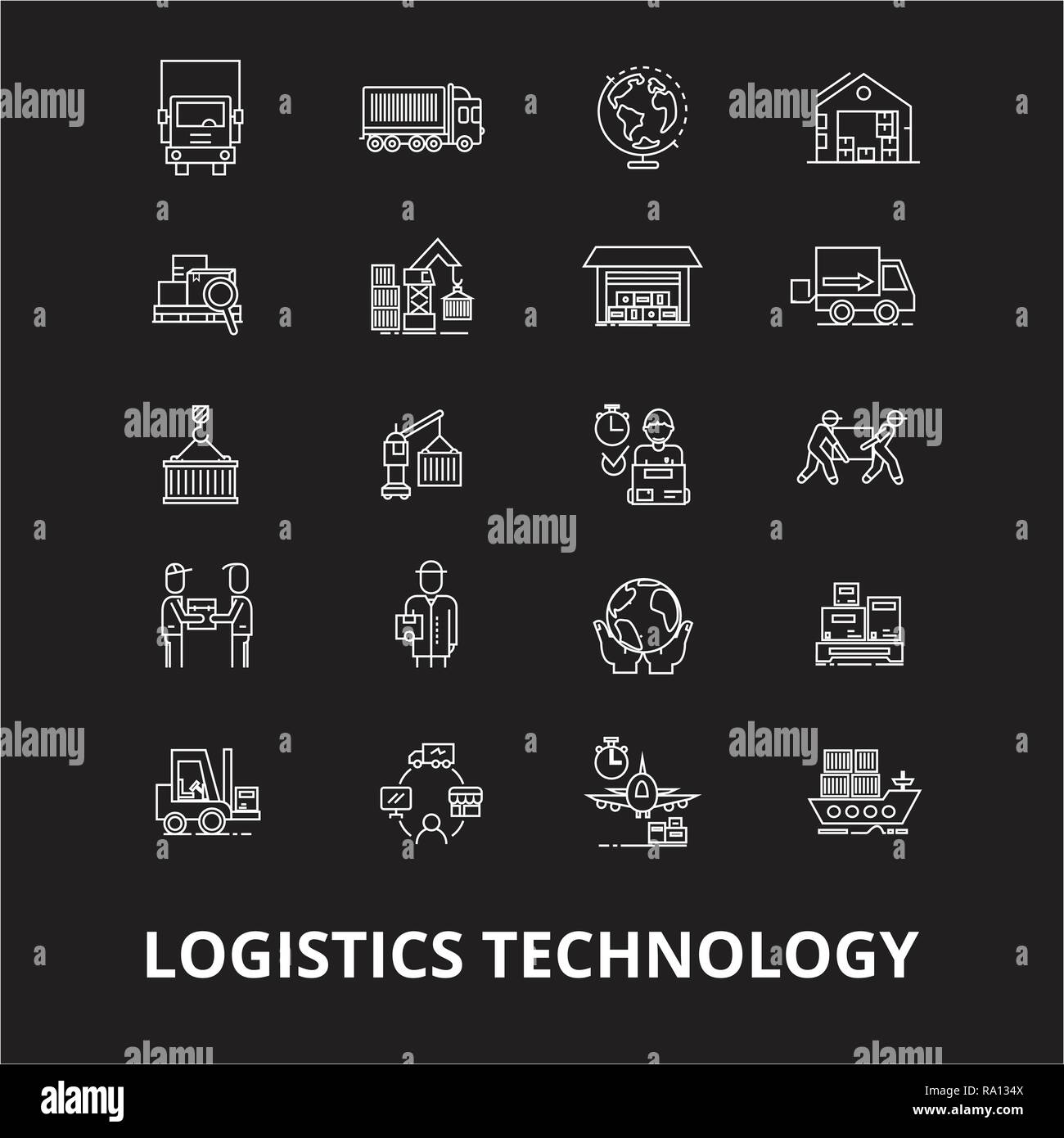 Logistics technology editable line icons vector set on black background ...