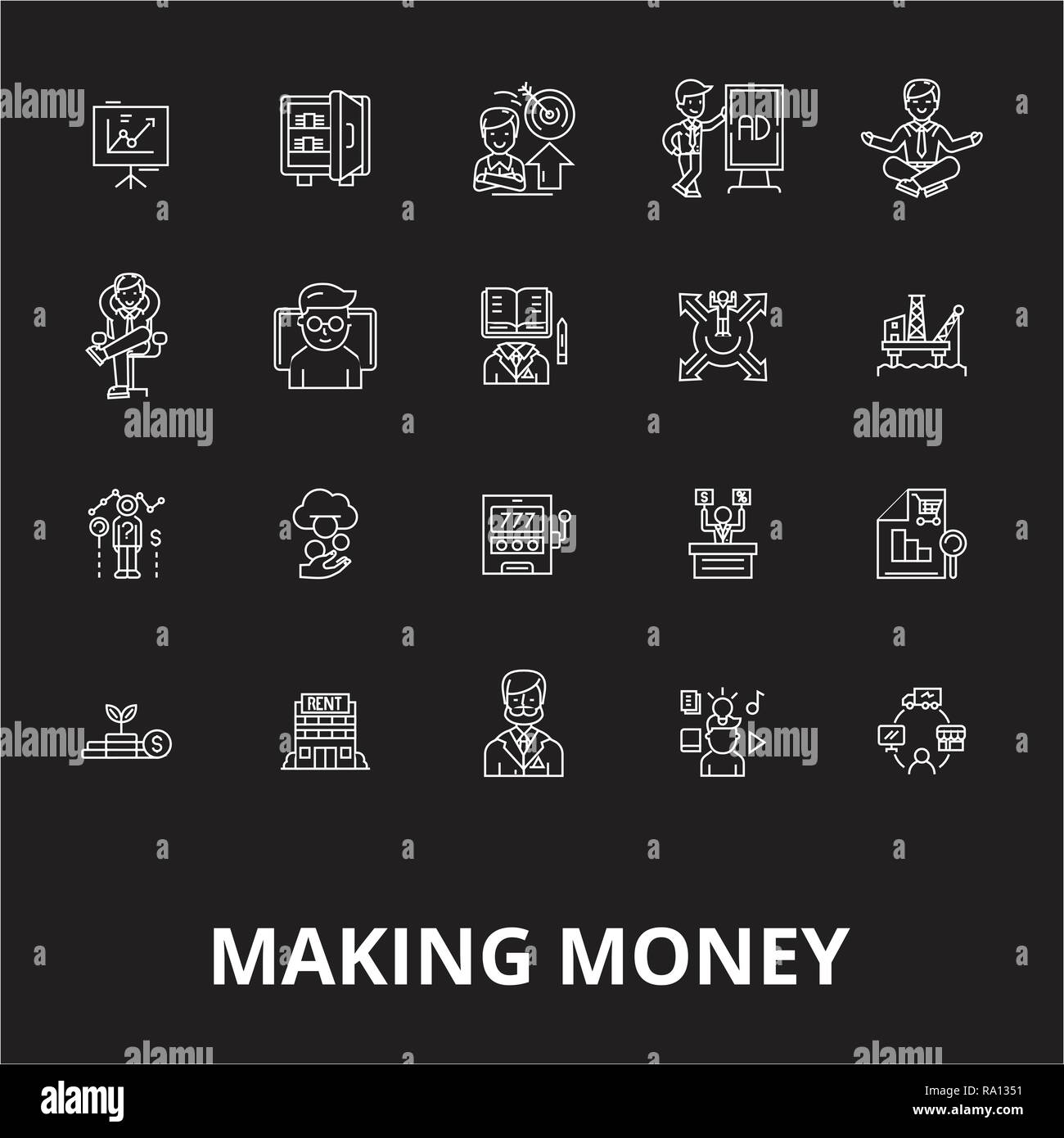 Making money editable line icons vector set on black background. Making ...