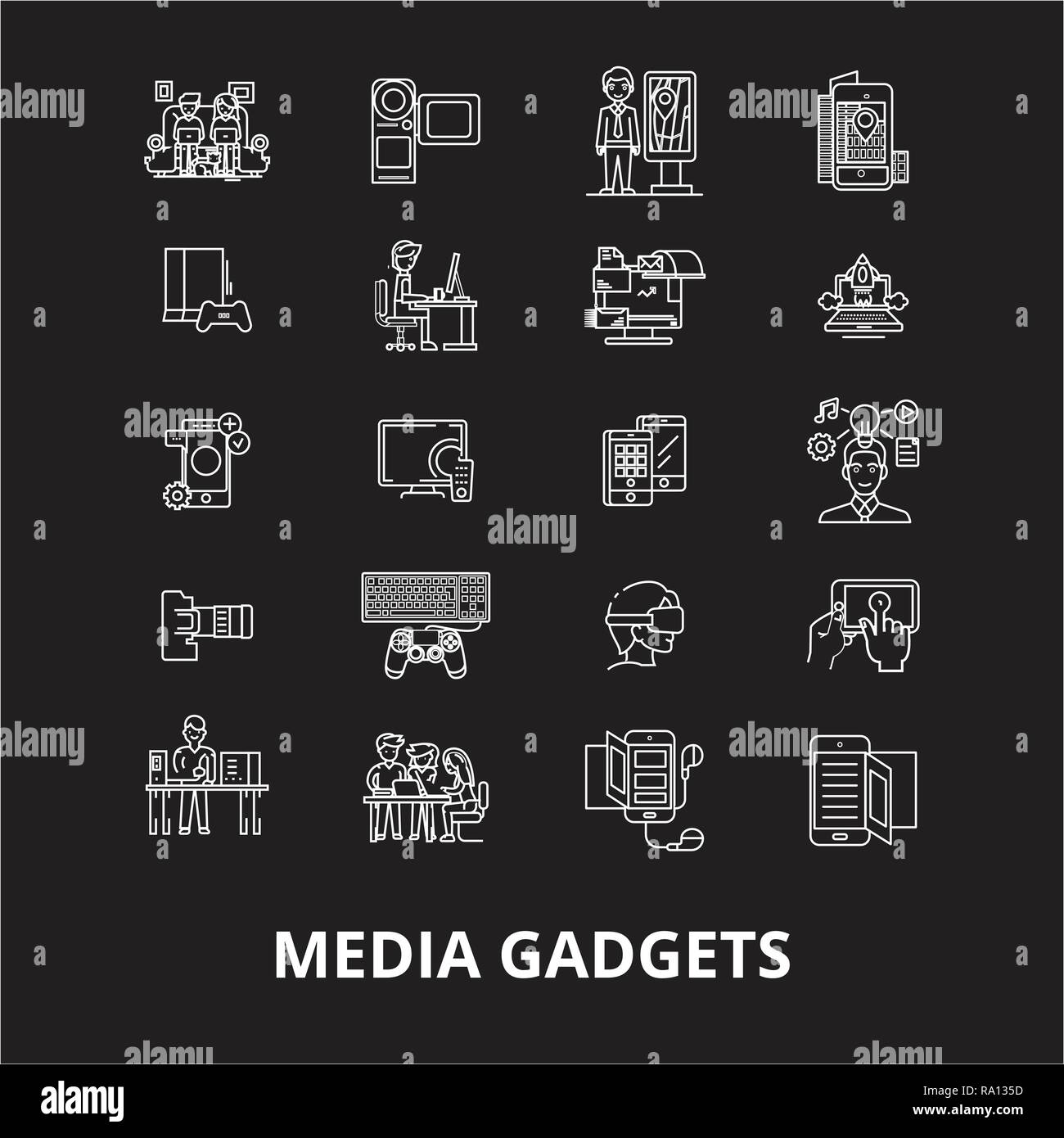Media gadgets editable line icons vector set on black background. Media ...