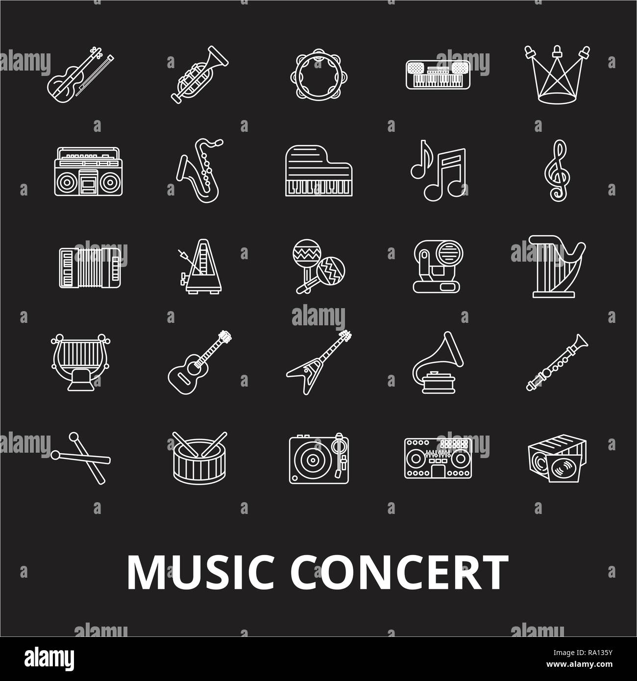 Music concert editable line icons vector set on black background. Music ...