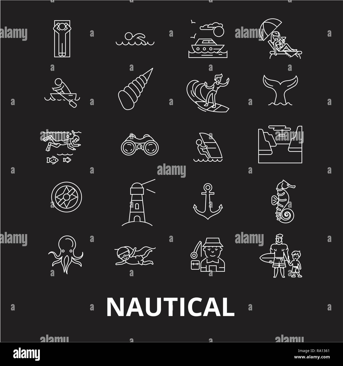 Nautical editable line icons vector set on black background. Nautical ...