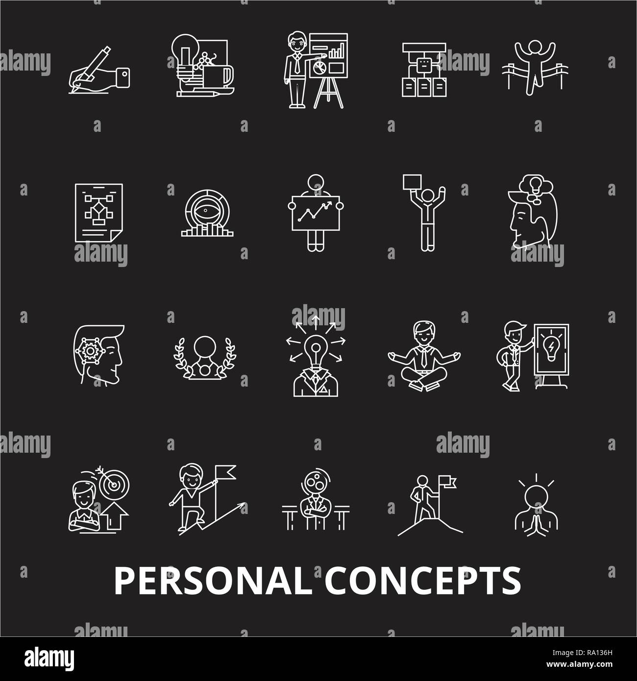 Personal concepts editable line icons vector set on black background ...