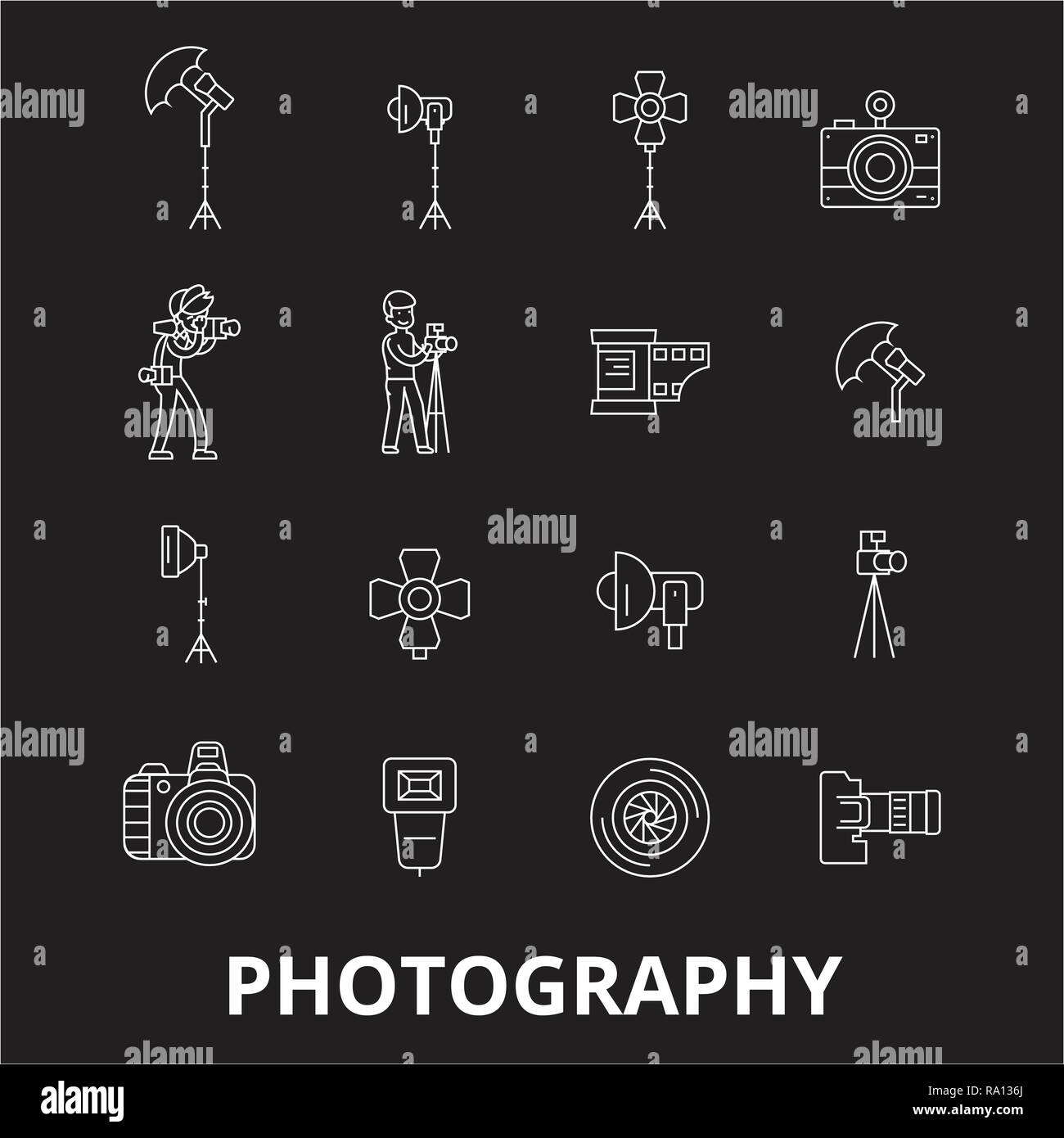 Photography editable line icons vector set on black background ...