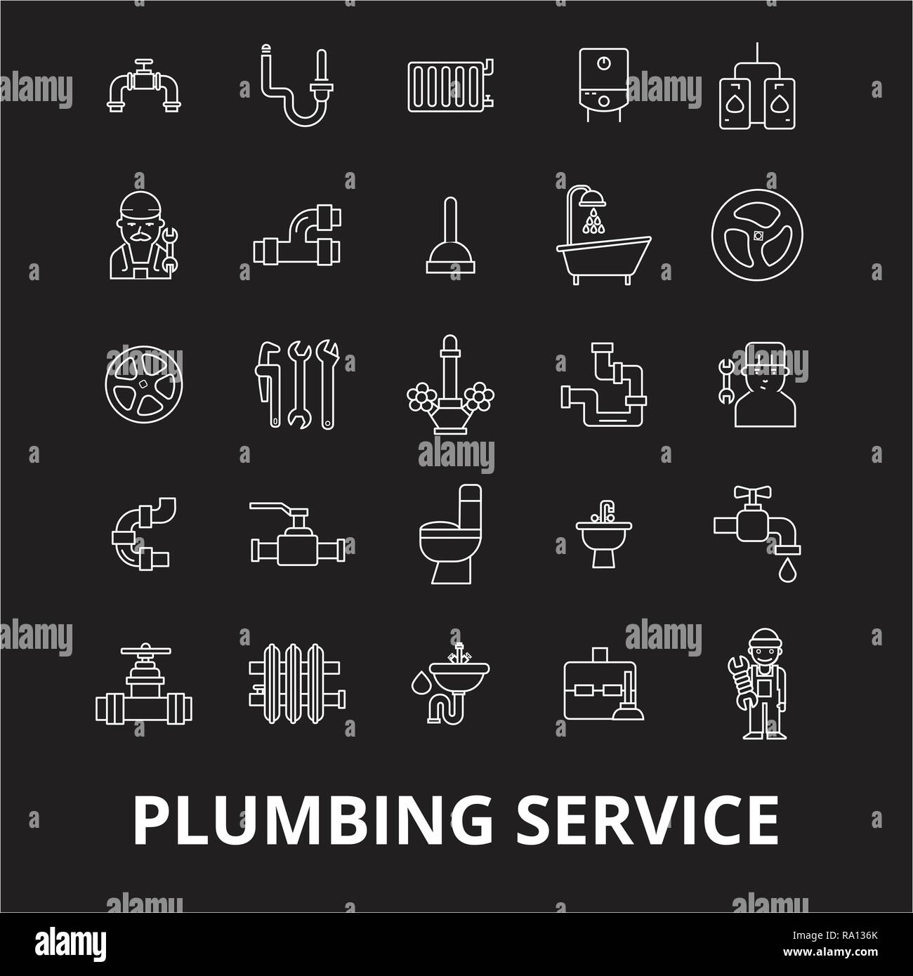 Plumbing service editable line icons vector set on black background ...