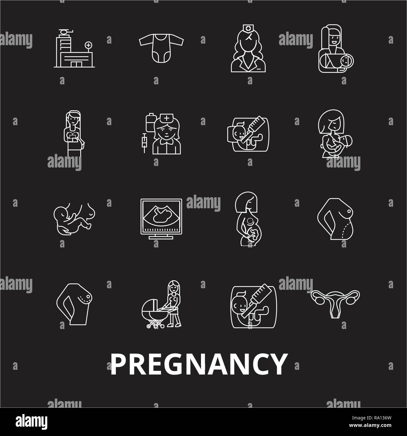 Pregnancy editable line icons vector set on black background. Pregnancy ...
