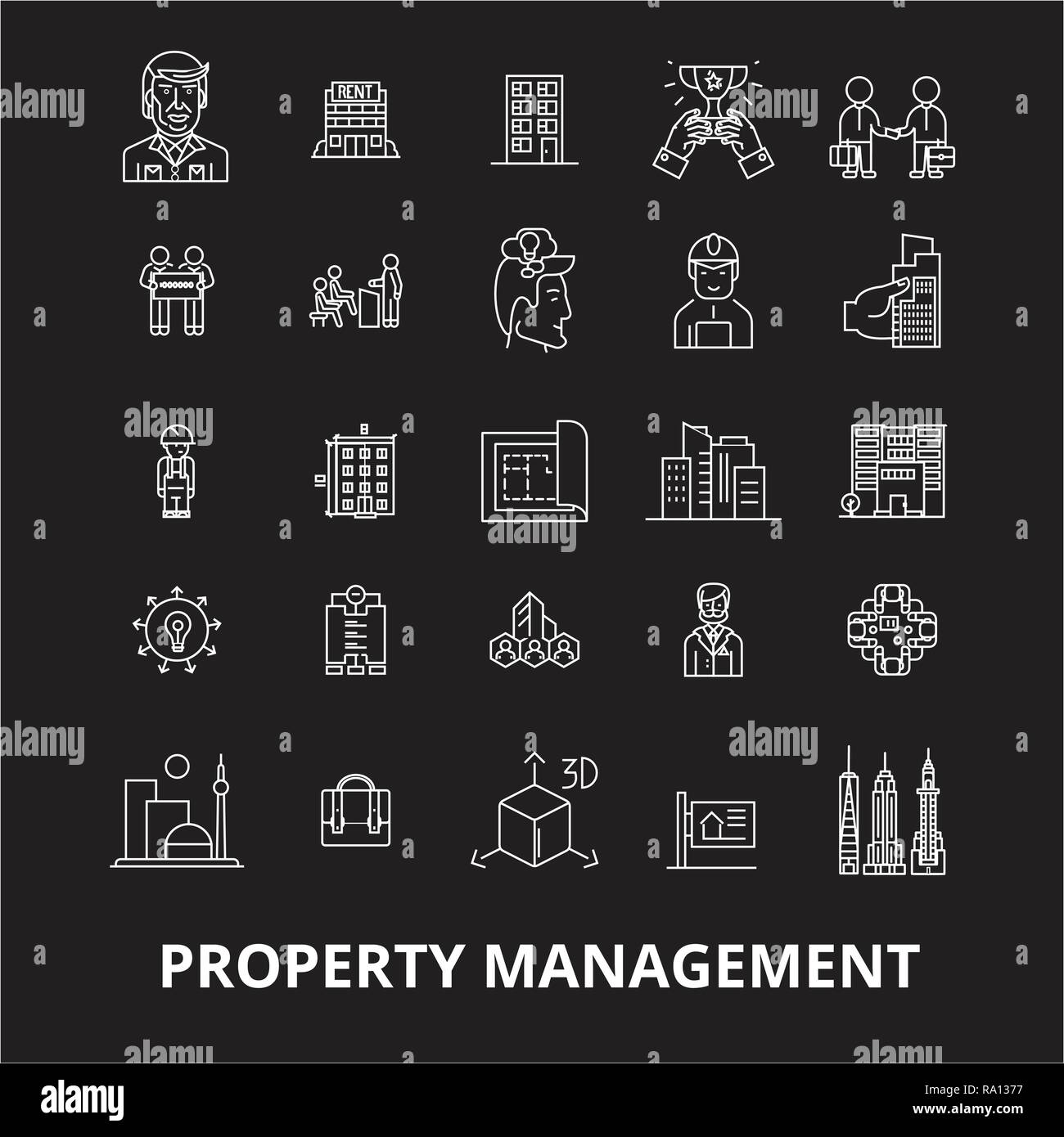 Property management editable line icons vector set on black background ...
