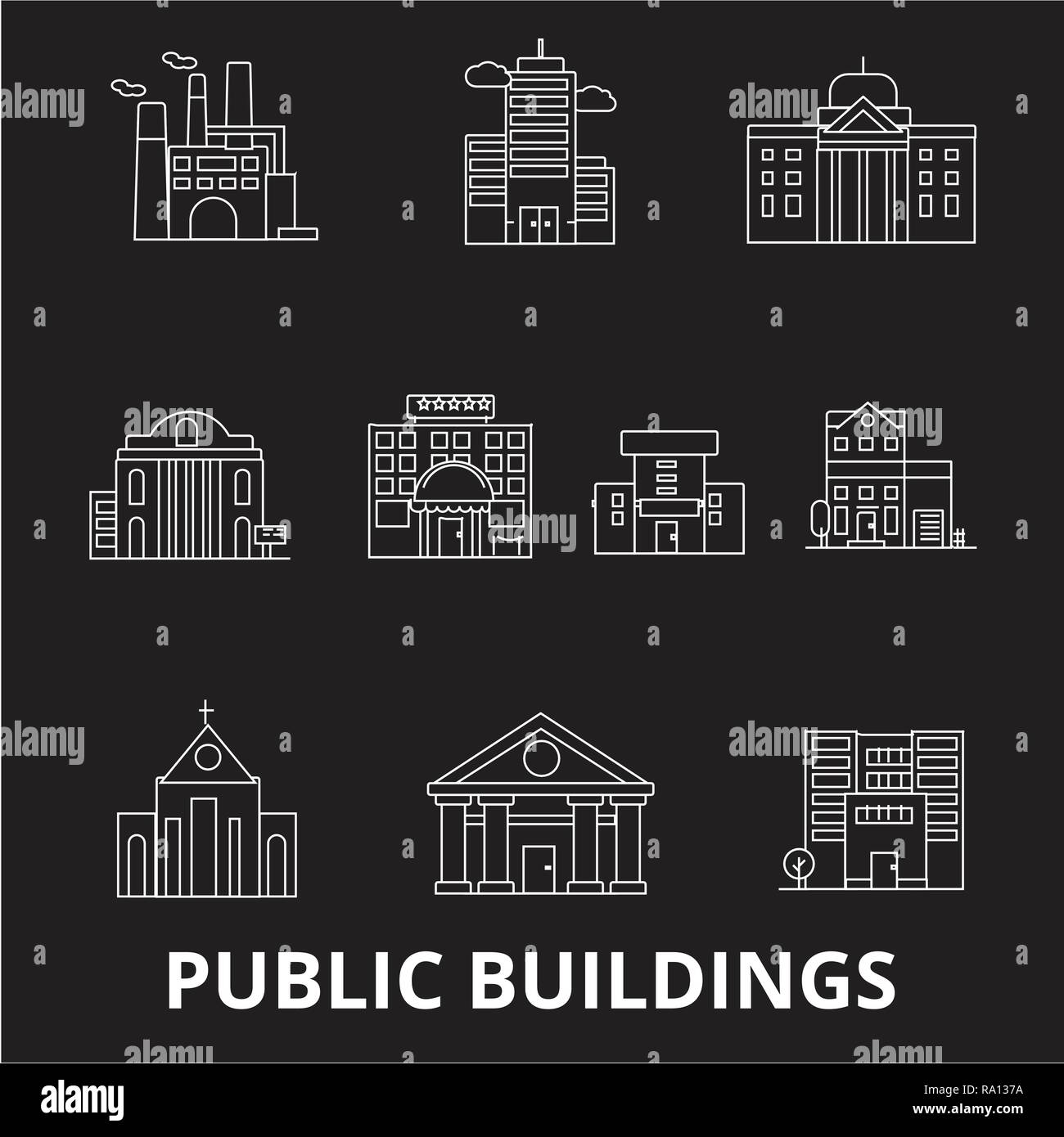 Public buildings editable line icons vector set on black background ...