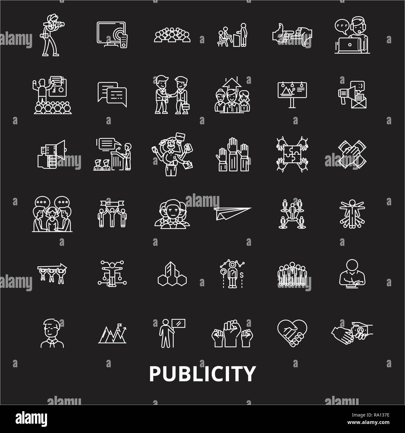 Publicity editable line icons vector set on black background. Publicity ...