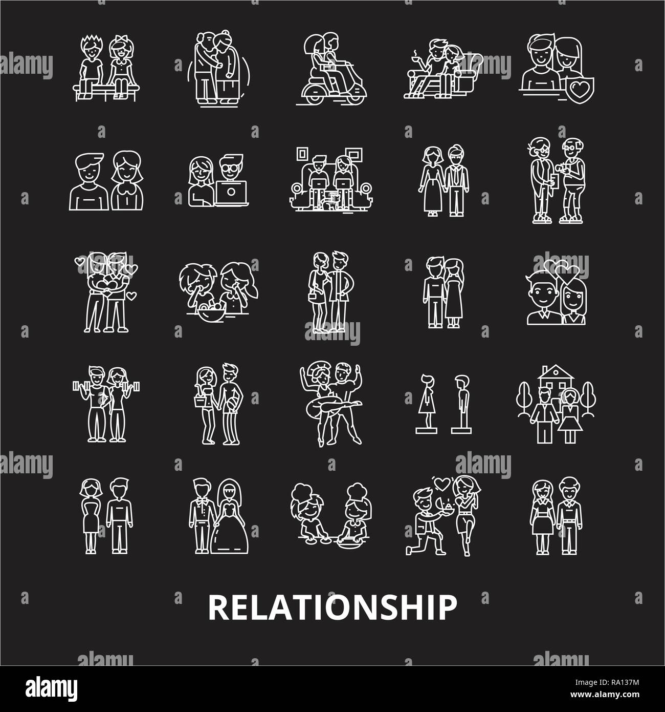 Relationship Editable Line Icons Vector Set On Black Background