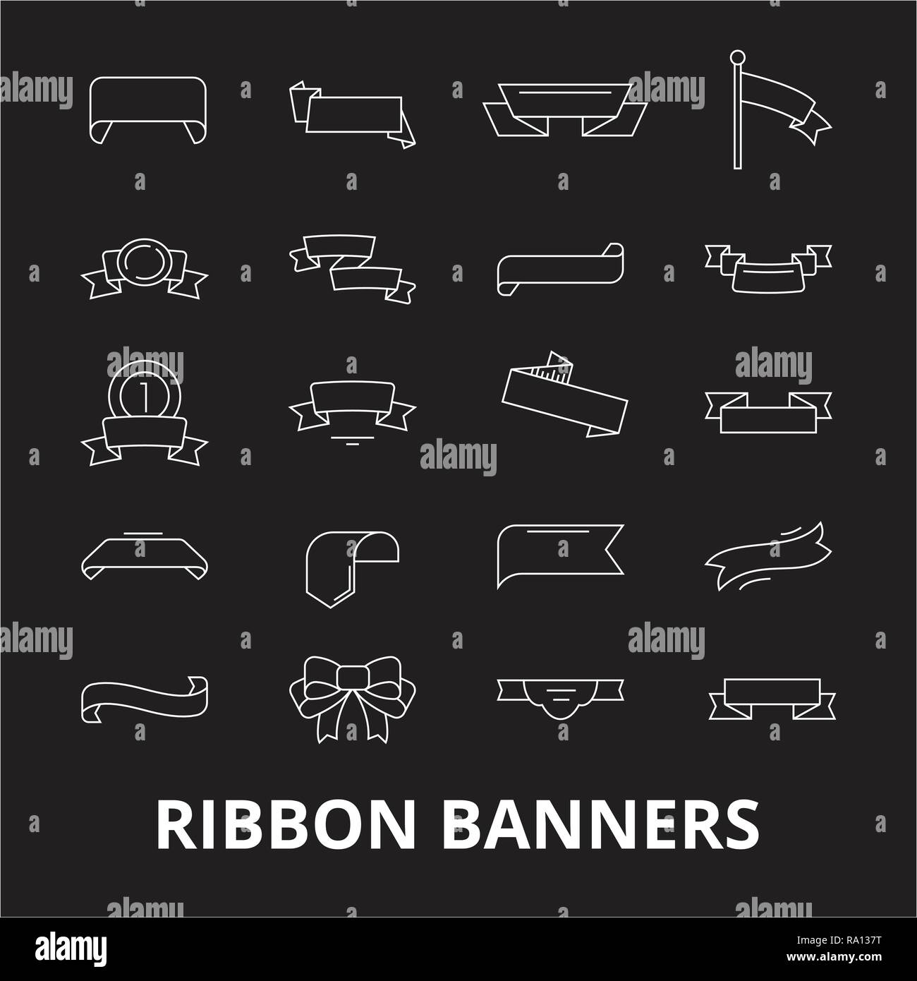 Ribbon banners editable line icons vector set on black background ...