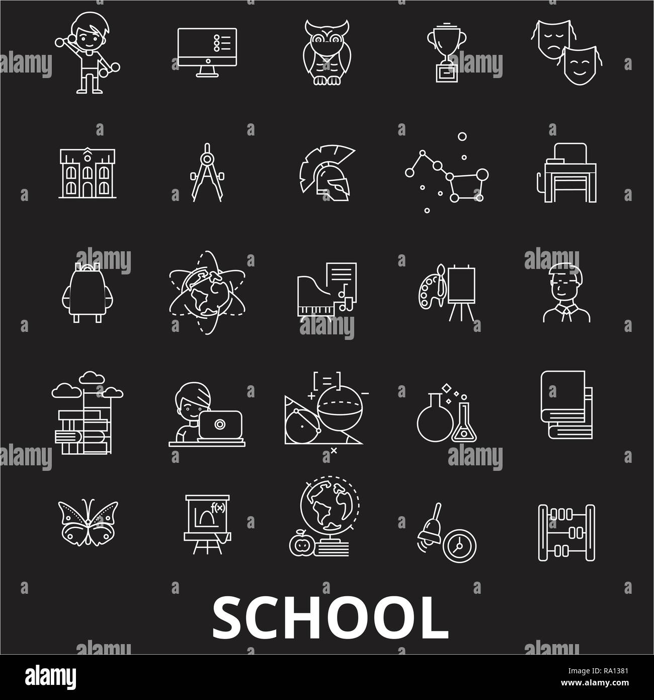 School editable line icons vector set on black background. School white ... School editable line icons vector set on black background. School white ...