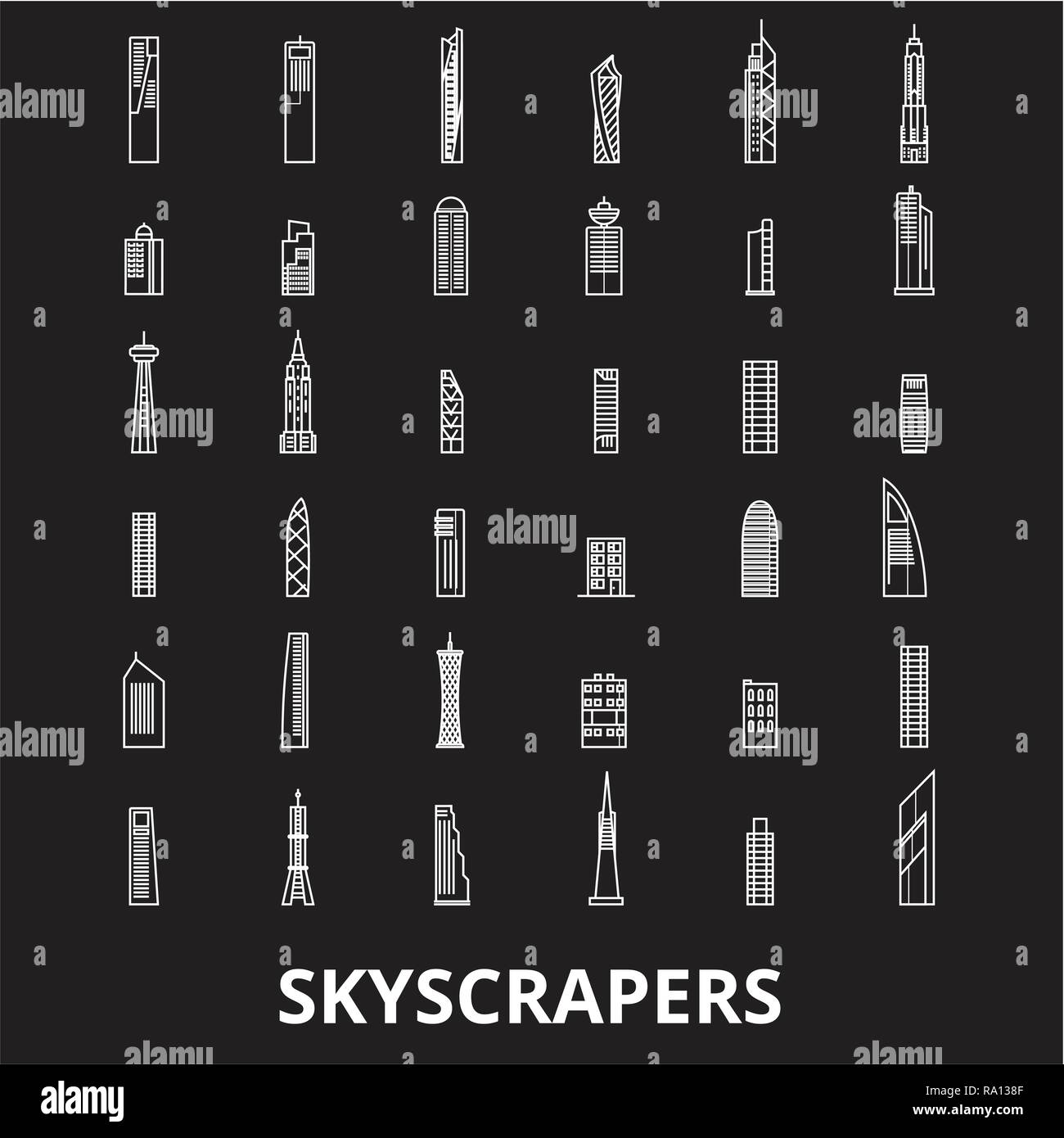 Skyscrapers editable line icons vector set on black background ...