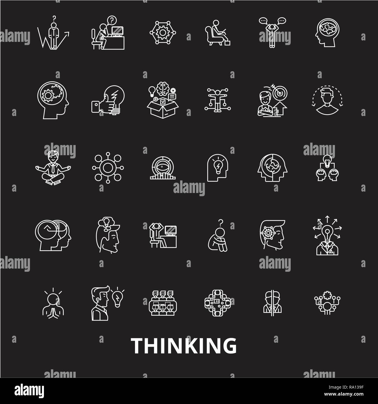 Thinking editable line icons vector set on black background. Thinking ...