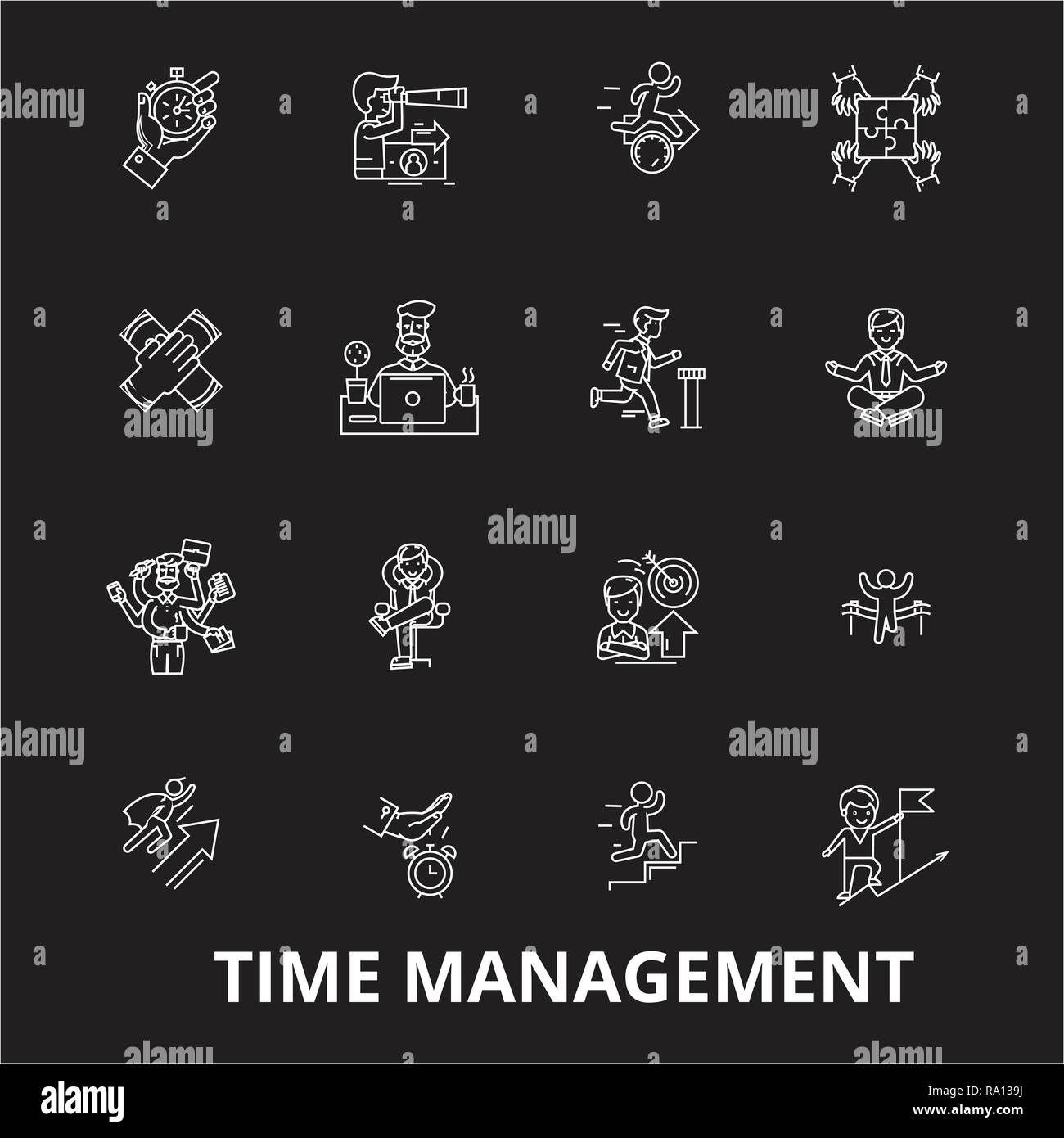 Time management editable line icons vector set on black background ...