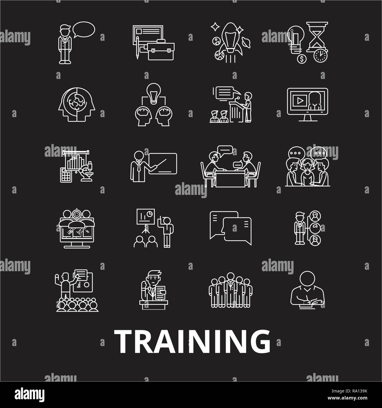 Training editable line icons vector set on black background. Training ...