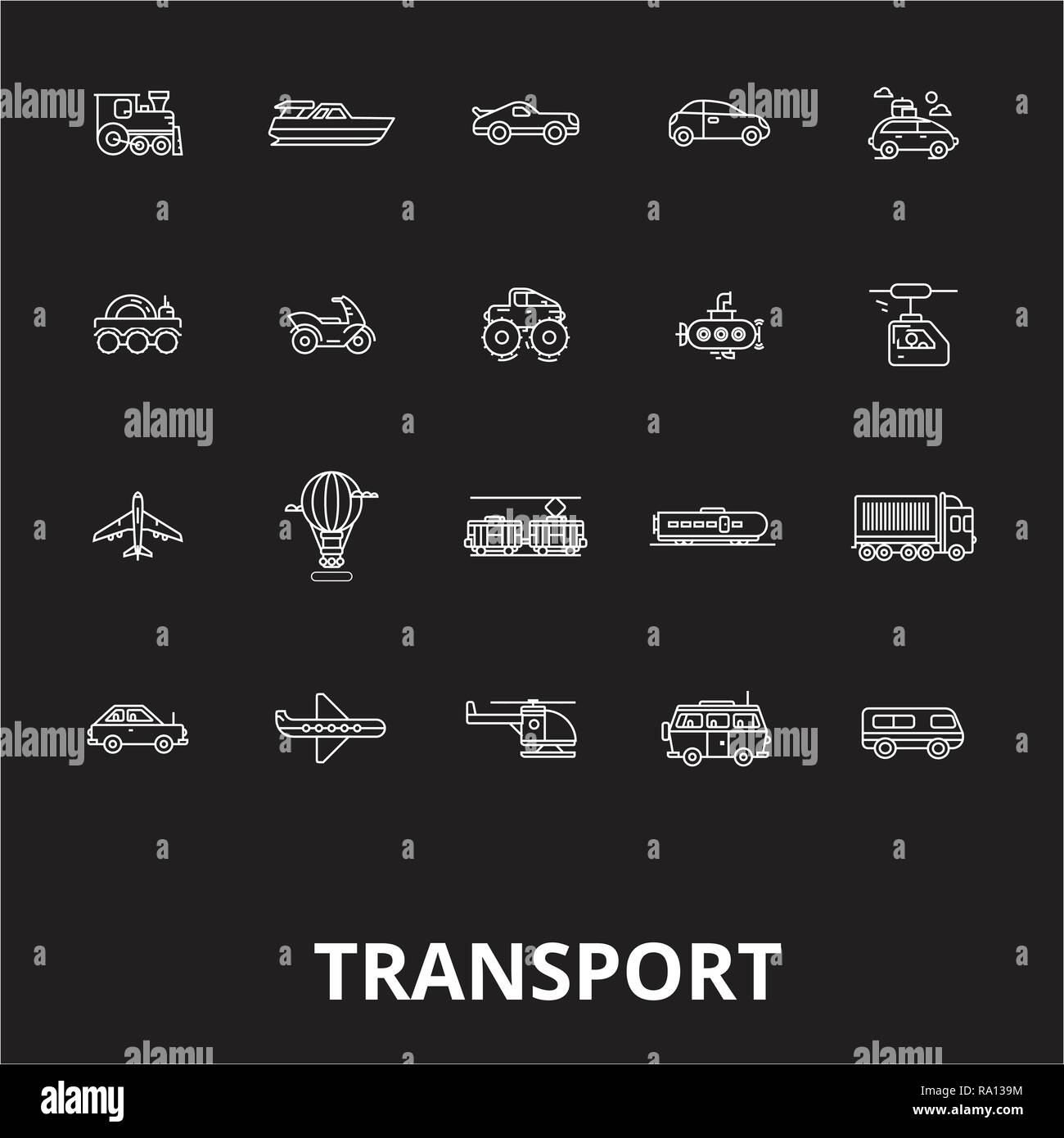 Transport editable line icons vector set on black background. Transport ...