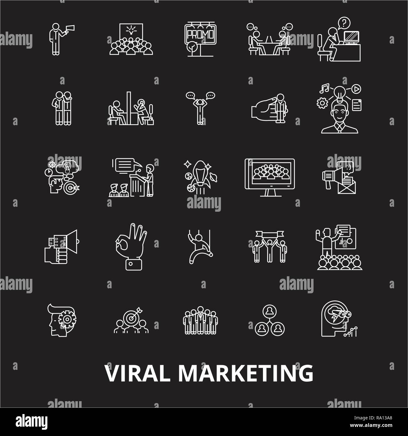 Viral editable line icons vector set on black background. Viral white ...