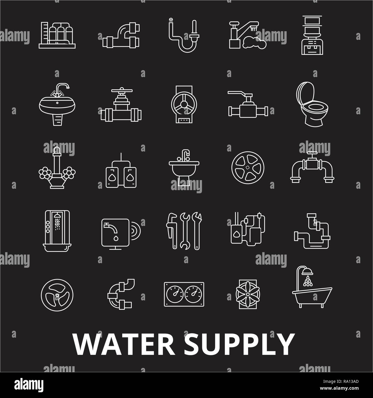 Water supply editable line icons vector set on black background. Water ...