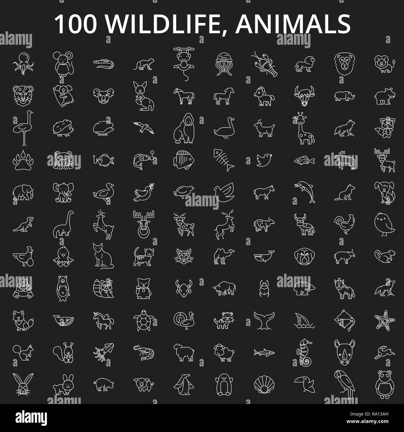 Wildlife, animals editable line icons vector set on black background ...