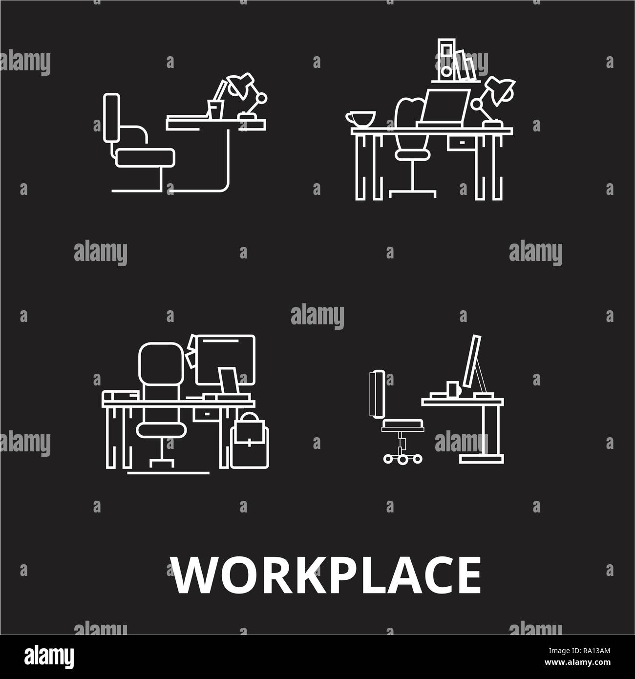 Workplace editable line icons vector set on black background. Workplace ...