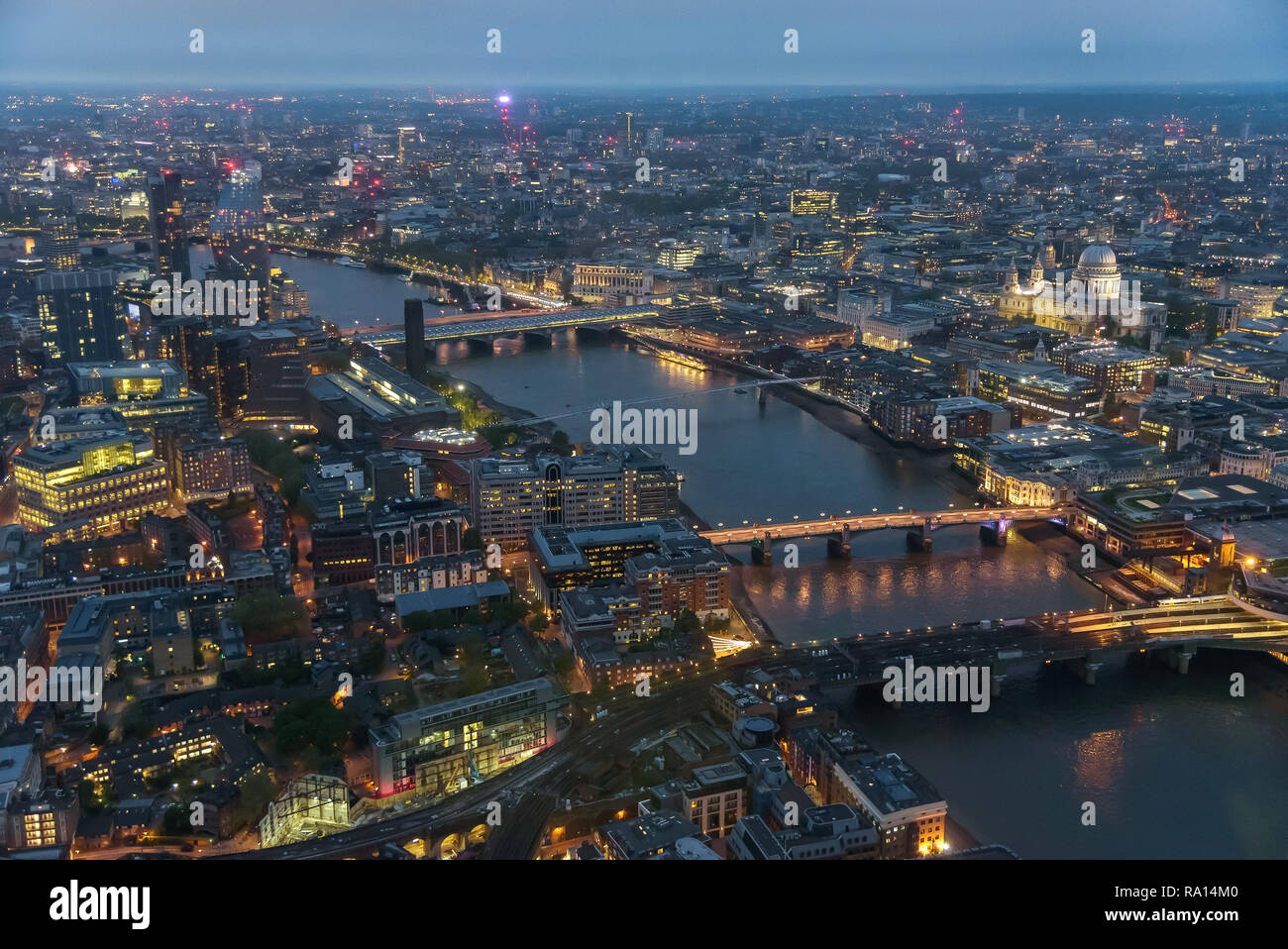 Aerial view of river Thames in London on a cloudy day at dusk Stock ...