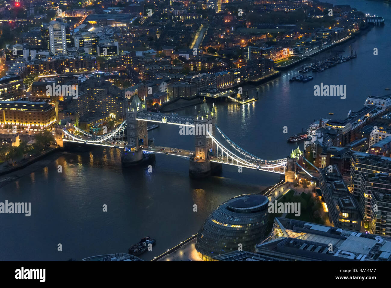 Aerial view of Tower Bridge in London at an overcast day at night Stock ...