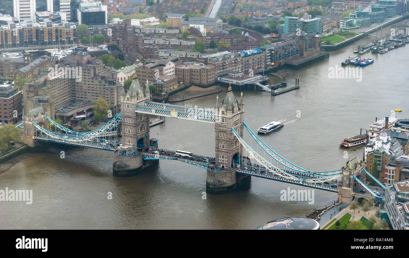 Aerial view of Tower Bridge in London at an overcast day Stock Photo ...