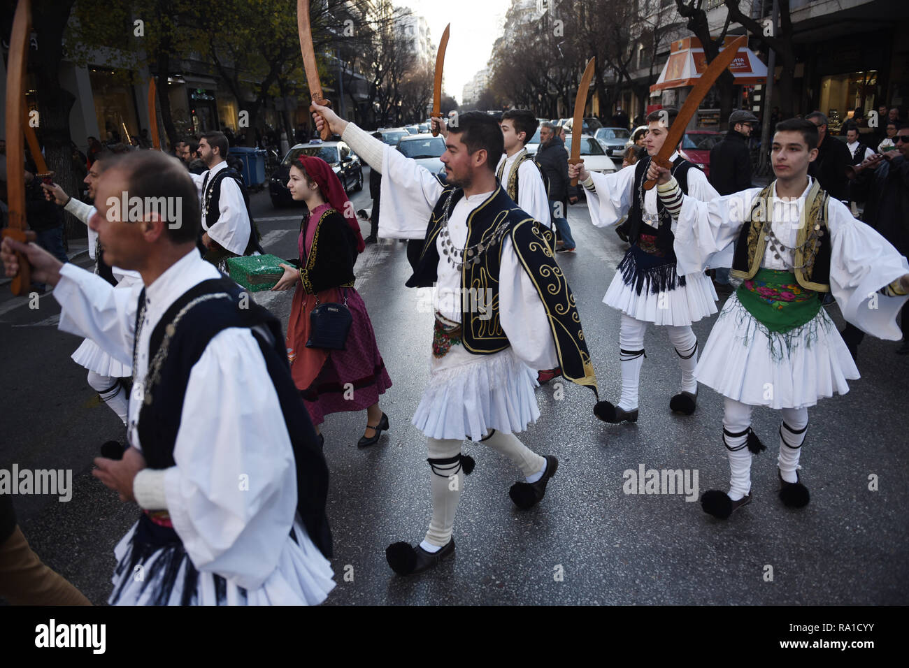 Thessaloniki, Greece. 30th Dec, 2018. Men dressed in traditional Evzone ...