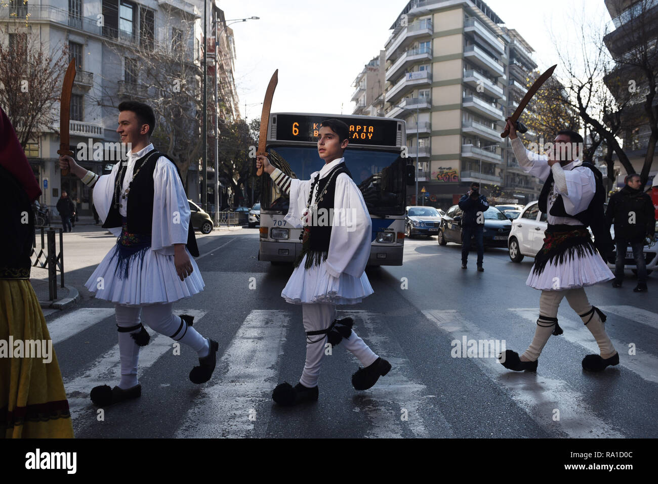 Thessaloniki, Greece. 30th Dec, 2018. Men dressed in traditional Evzone ...