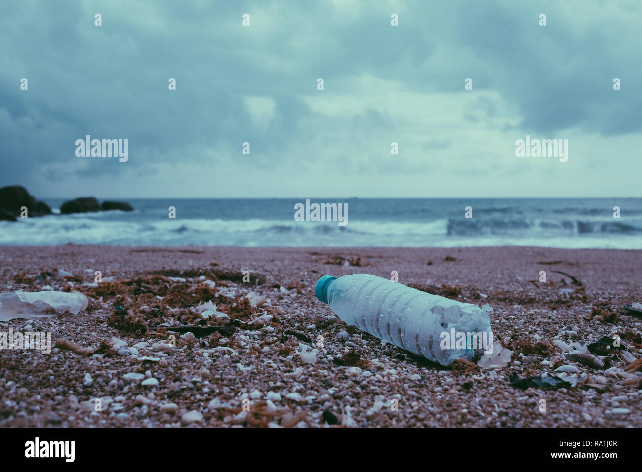 Trash, plastic, garbage, bottle... environmental pollution on the beach ...