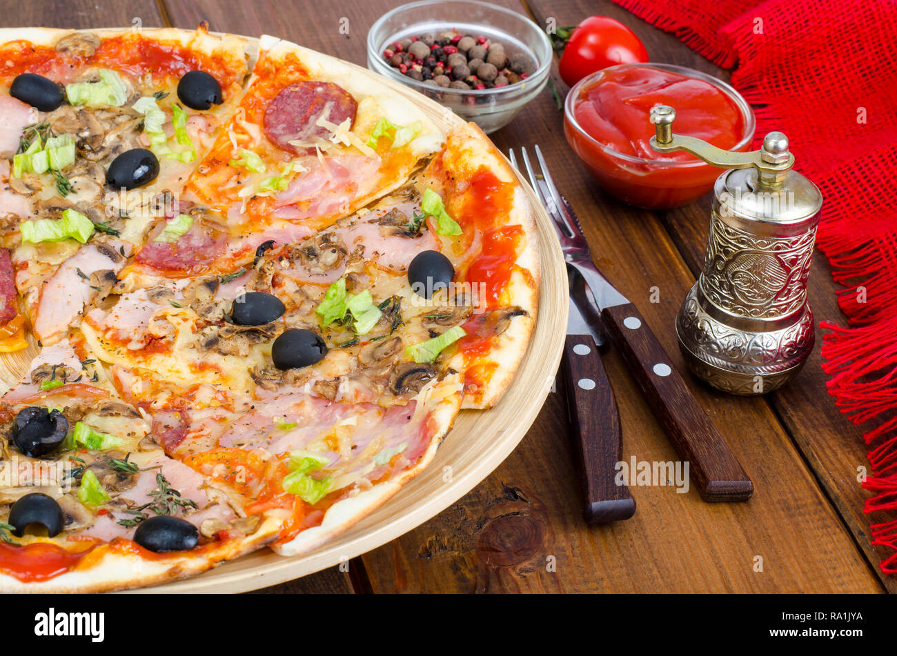 Six slices of pizza with different toppings on wooden board. Studio ...