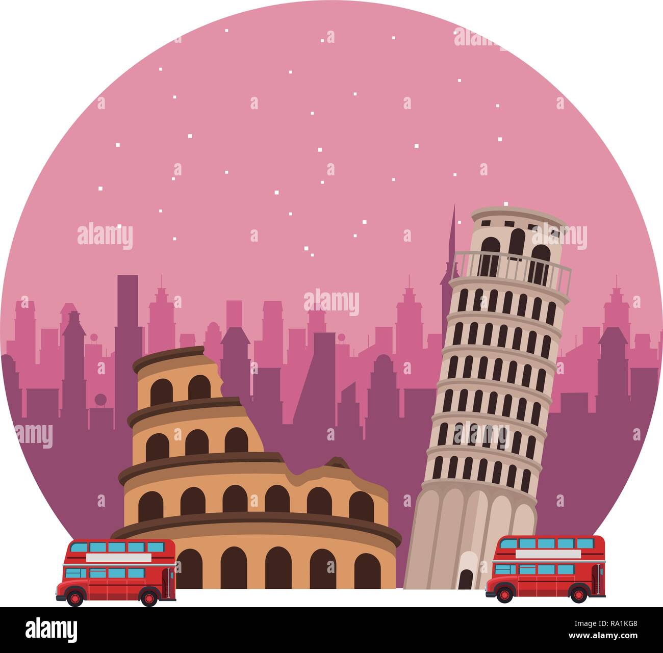 roman circus icon and pisa tower with double decker bus round icon ...