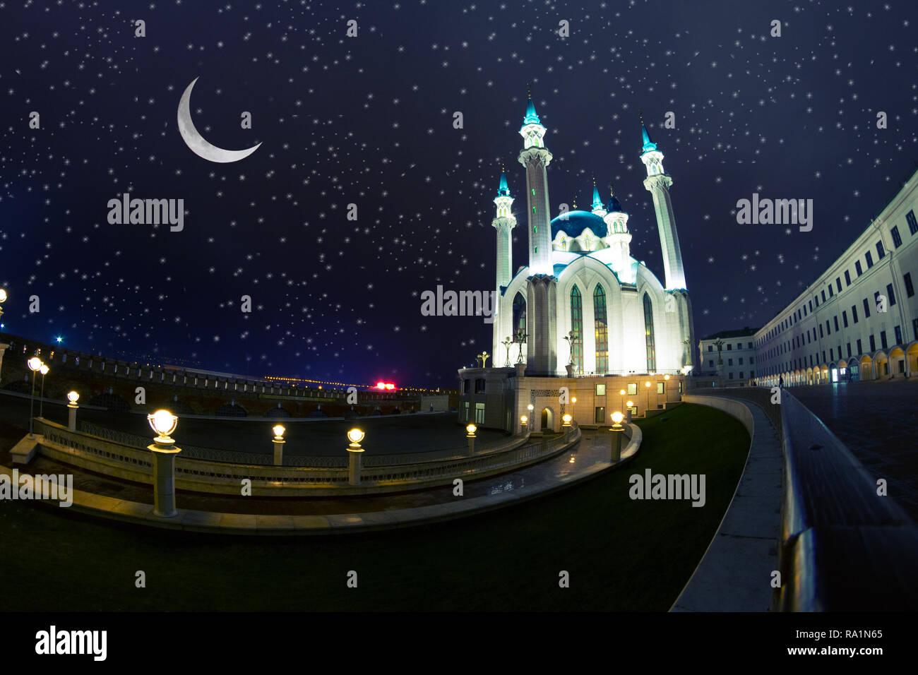 A ramadan moon and the mosque at night Stock Photo - Alamy