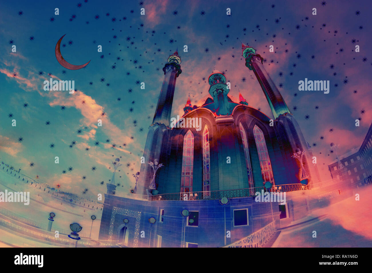 A ramadan moon and the mosque at night Stock Photo - Alamy