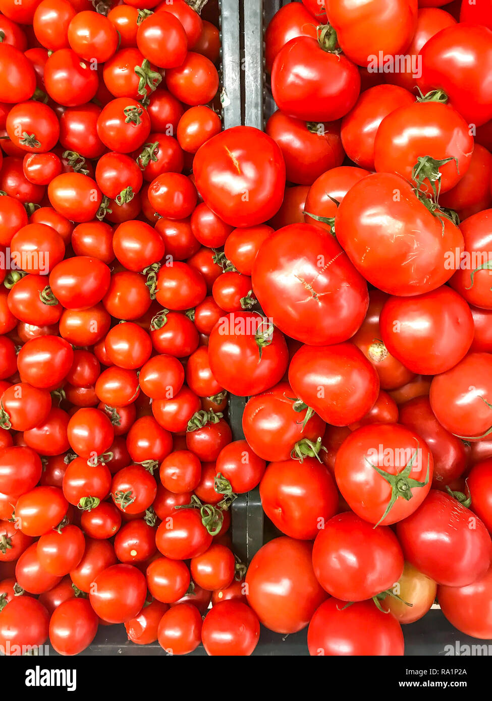 Vegetable background, texture, ripe red tomatoes in supermarket. Studio ...