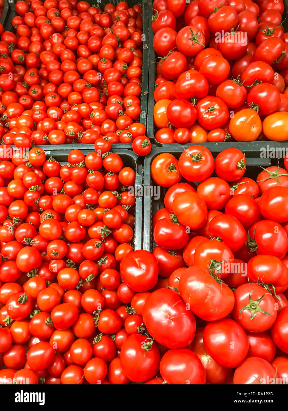 Vegetable background, texture, ripe red tomatoes in supermarket. Studio ...