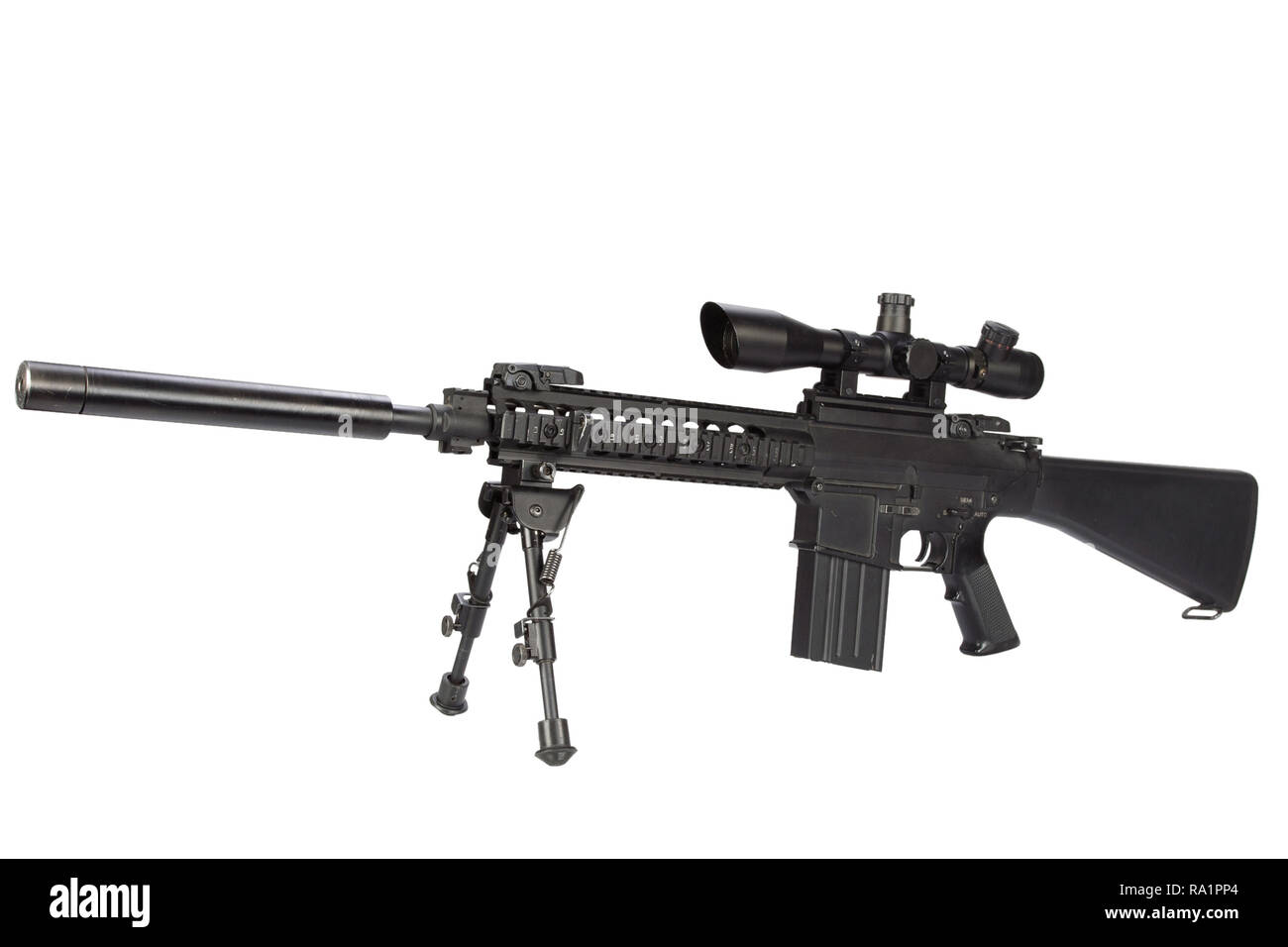 semi automatic sniper rifle with bipod and silencer isolated on a white ...